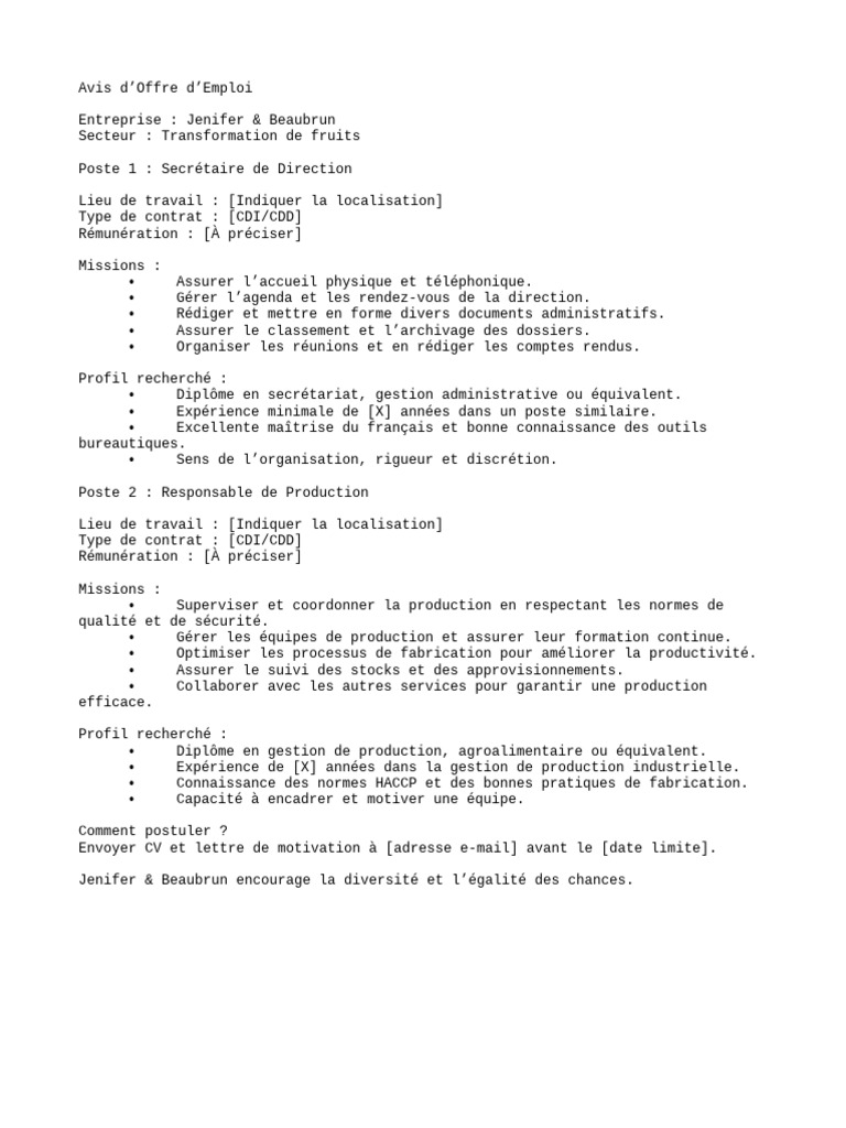 Offre d'emploi : Secrétaire et Responsable Production | PDF