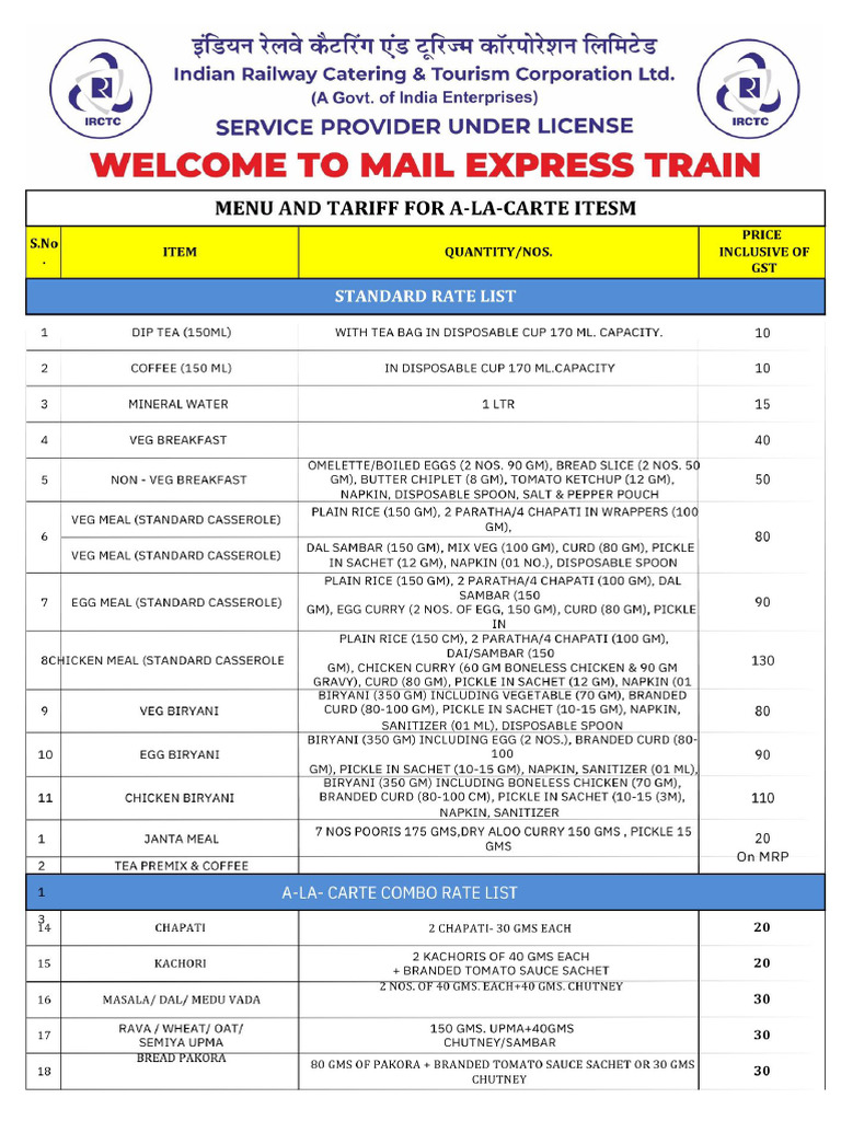 Irctc Menu Card by Vs Monu | PDF