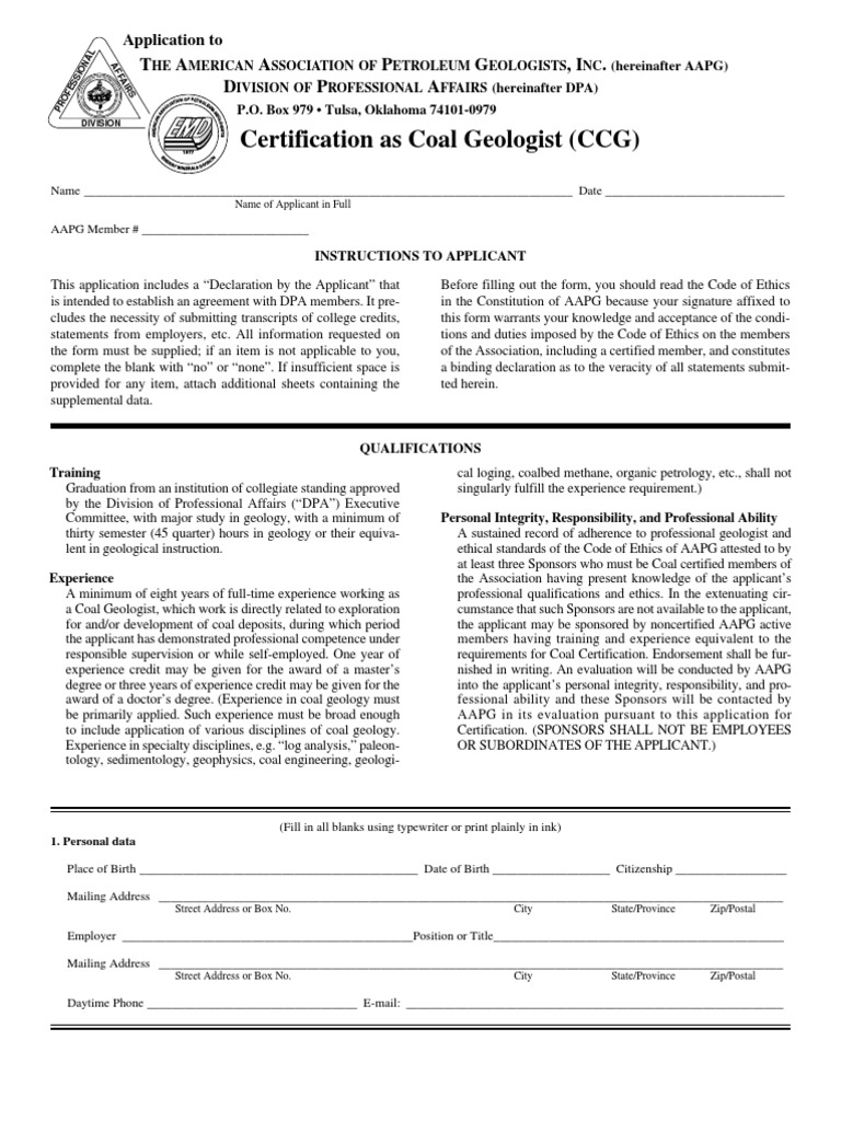 Certification As Coal Geologist (CCG) : T A A P G, I - D P A | PDF ...