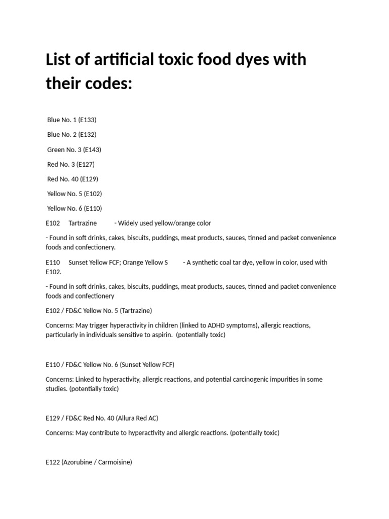 List of Artificial Toxic Food Dyes With Their Codes and Other | PDF ...