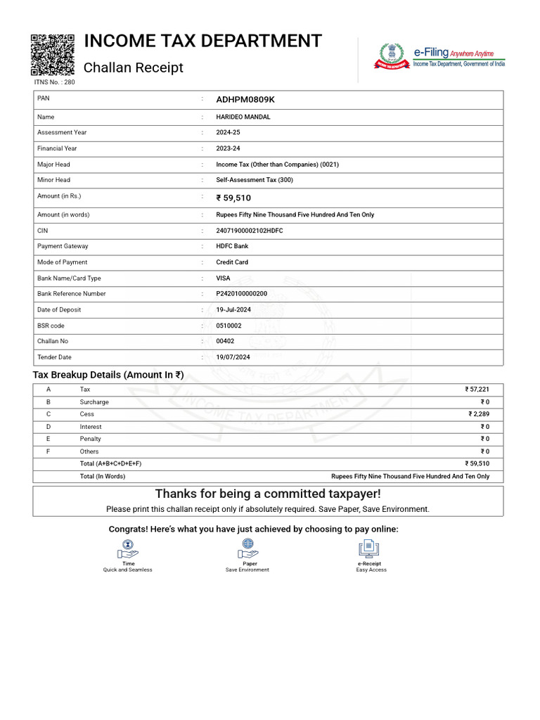 Income Tax Challan Receipt 2024-25 | PDF | Payments | Taxes
