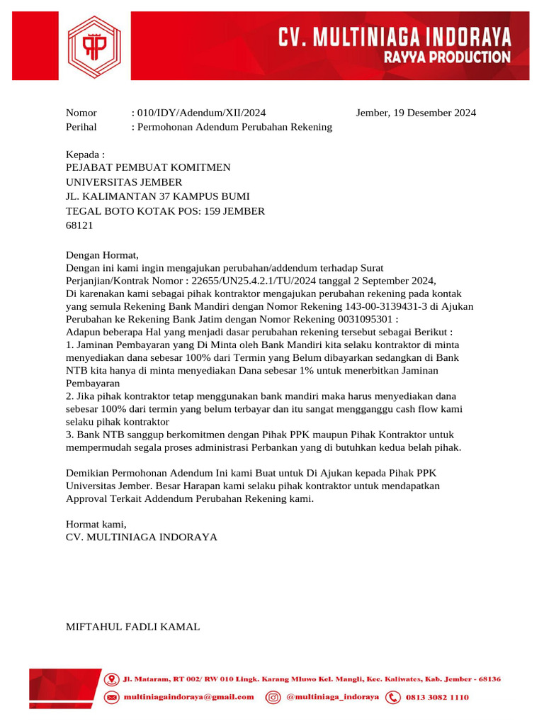 SRT Permohonan Adendum Perubahan Rekening Bank NTB | PDF