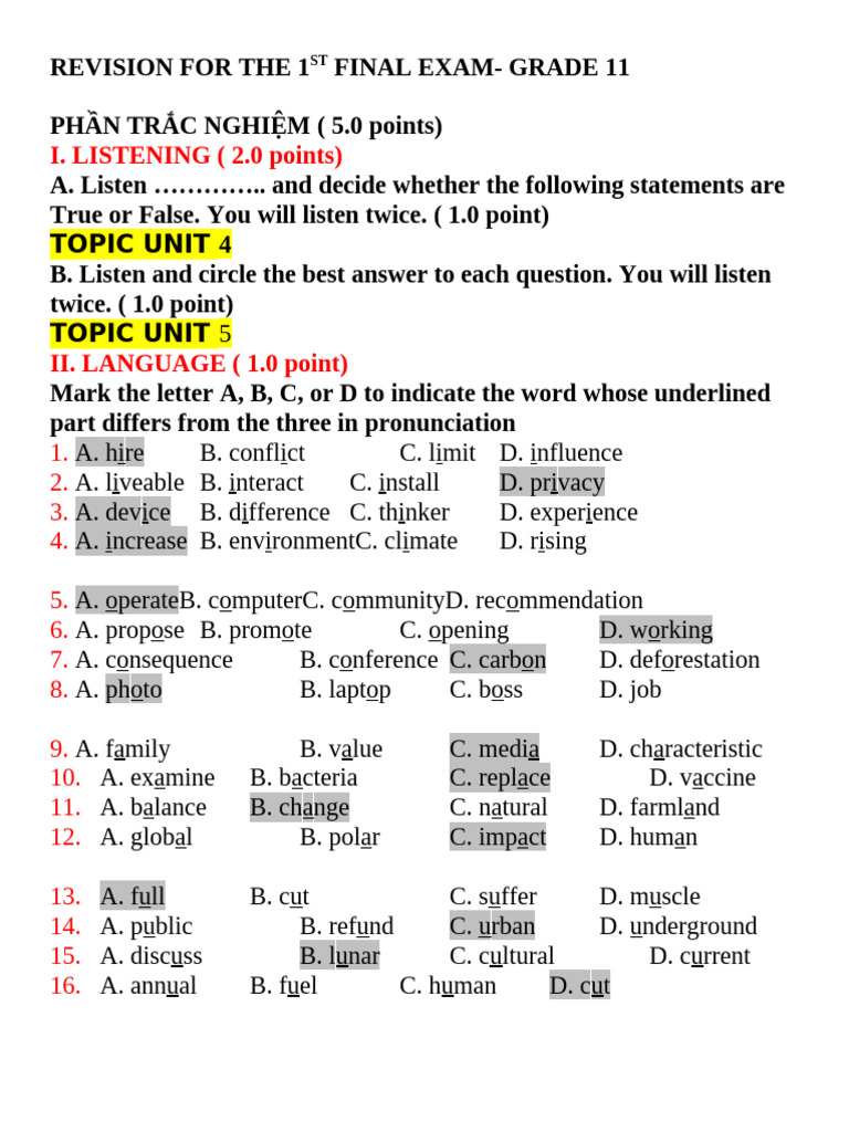 REVISION FOR THE 1ST FINAL EXAM -k11-kèm giai thich 11a2, 11a4, 11a7 | PDF | Natural Environment
