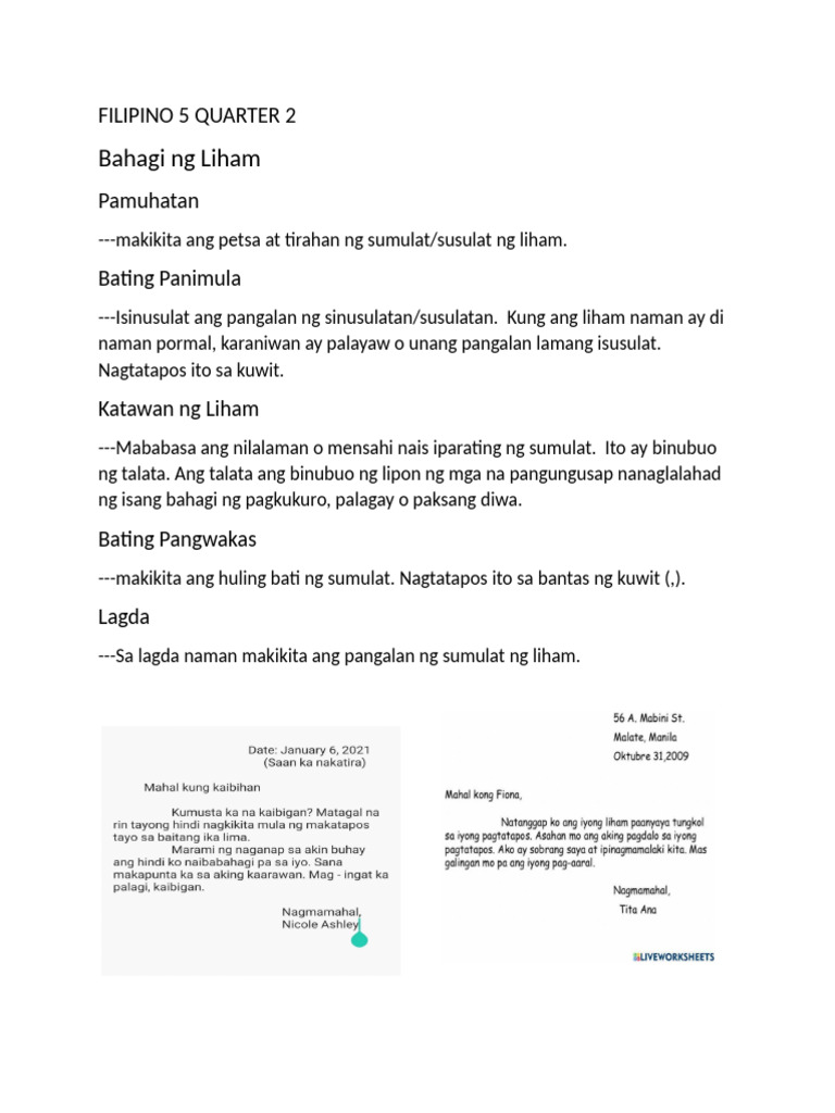 FILIPINO 5 QUARTER 2 Katawan NG Liham | PDF