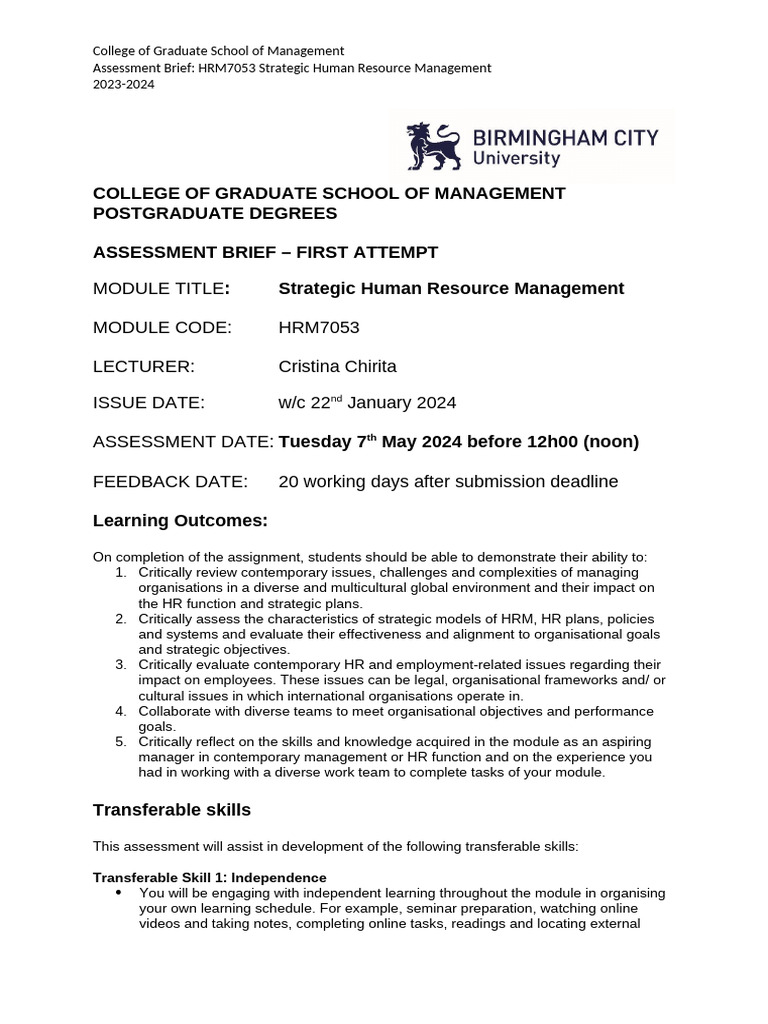 HRM7053 Strategic Human Resource Management, 23-24, S2, Coursework ...