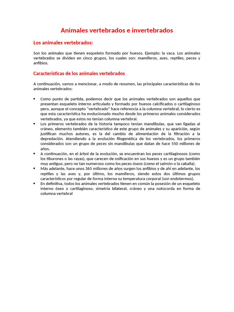 Animales Vertebrados e Invertebrados | PDF | Invertebrado | Vertebrados