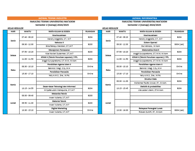 Jadwal MATKUL S2 | PDF