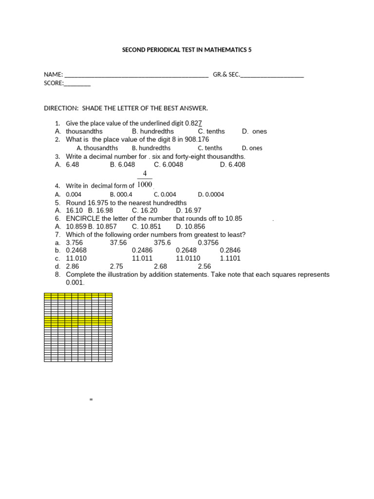 Math Test for Grade 5 Students | PDF | Ratio | Numbers