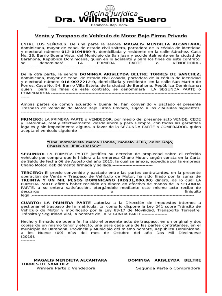 ACTO DE TRASPASO DE VEHICULO DE MOTOR Wilhelminia Suero | PDF | República Dominicana