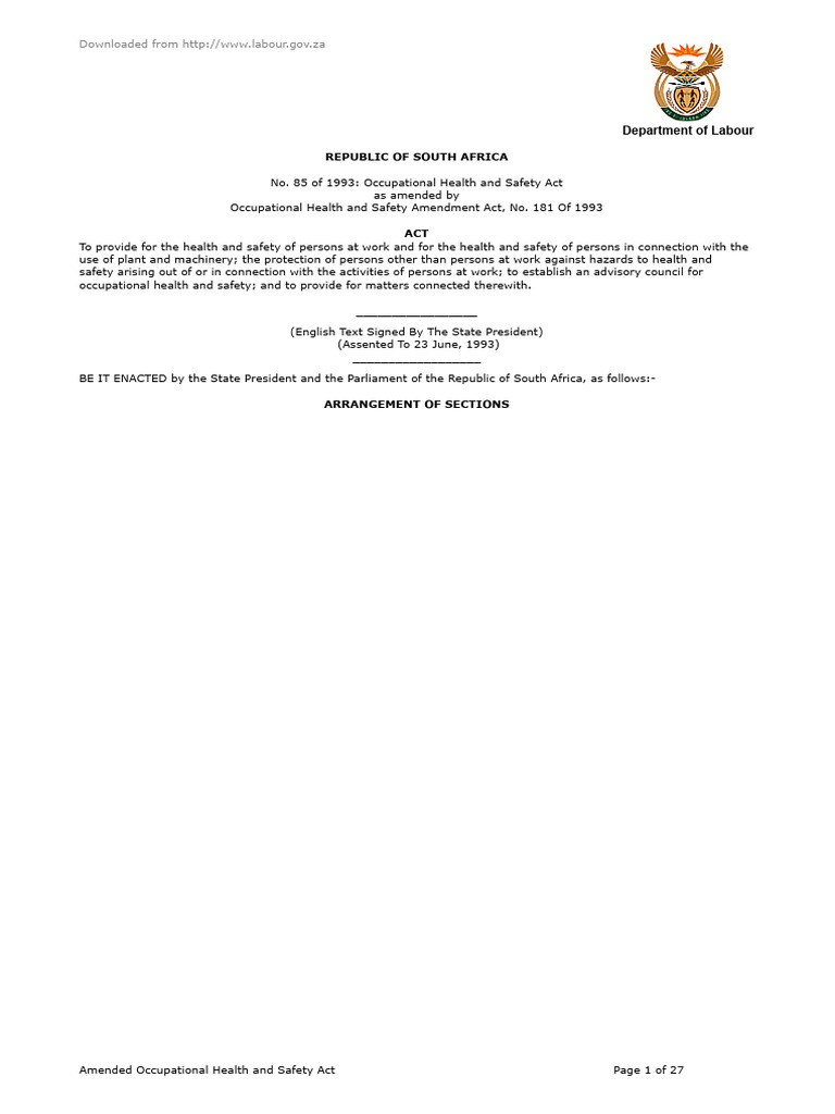 OHS Act 85 of 1993 | PDF | Occupational Safety And Health | Medicine