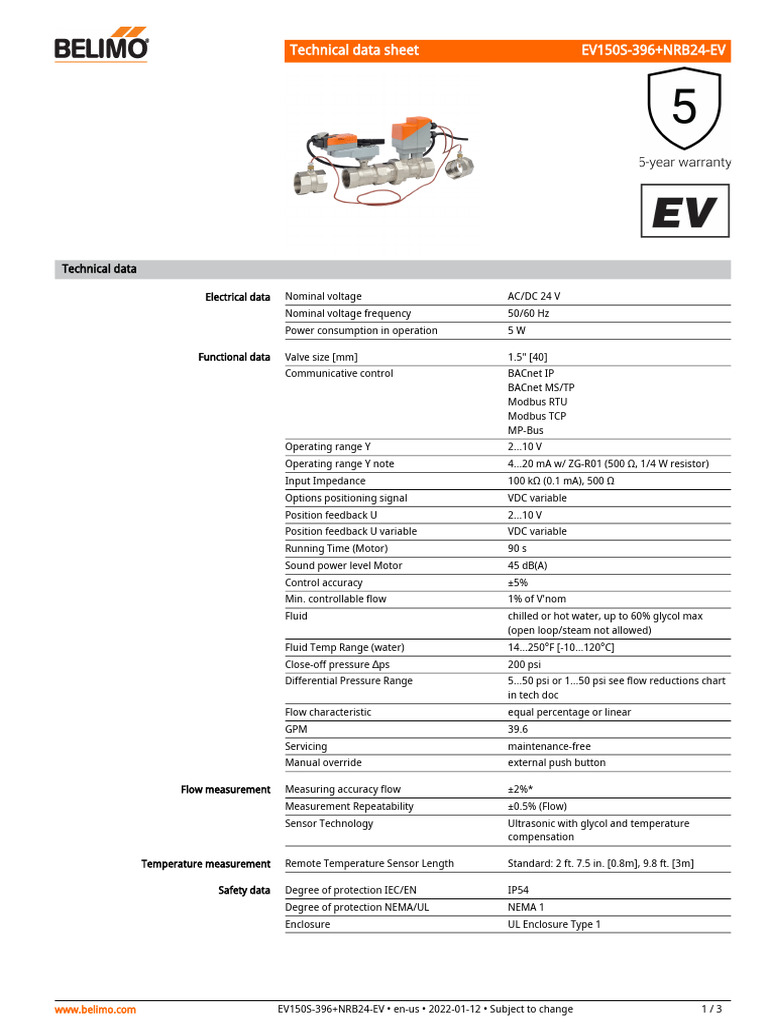 Belimo EV150S-396 NRB24-EV Datasheet En-Us | PDF | Valve | Flow Measurement