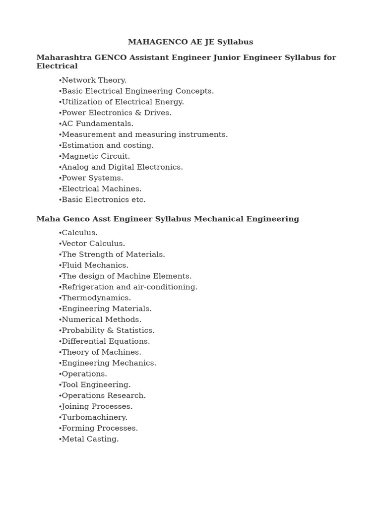 Mahagenco Ae Je Syllabus | PDF | Engineering | Electronics