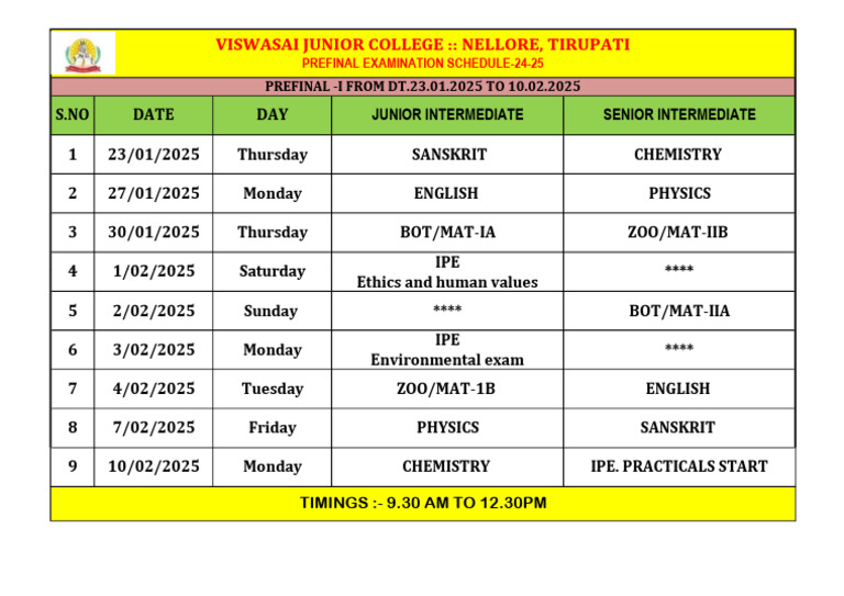 Pre Final 1 Time Table 24 25 | PDF