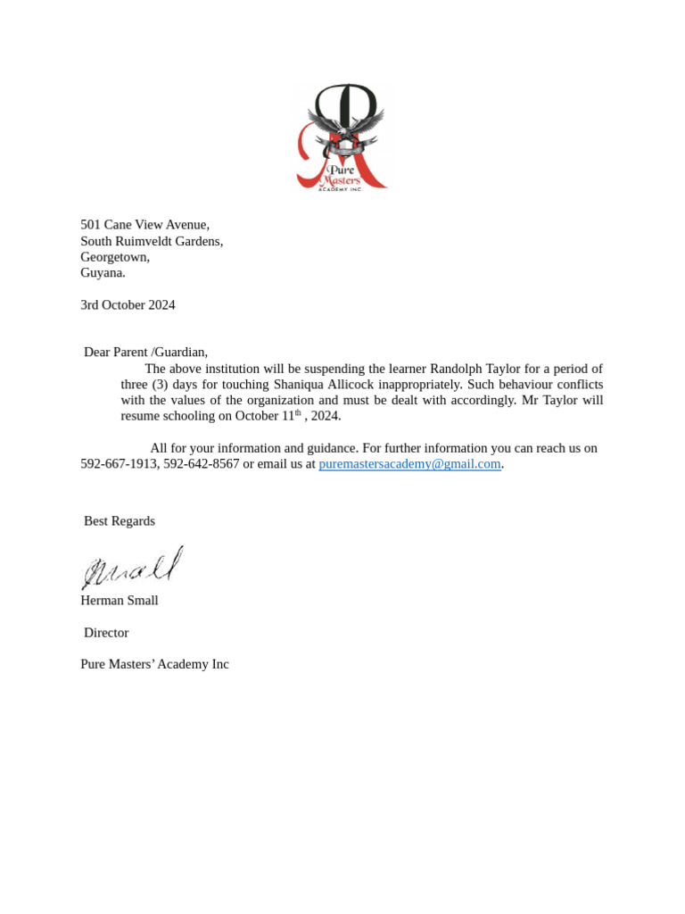 Suspension Letter For Randolph Taylor | PDF