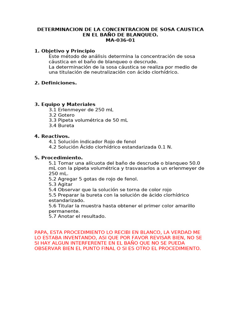 MA-036-01 DETERMINACION DE LA CONCENTRACION DE SOSA CAUSTICA EN EL BAÑO DE BLANQUEO | PDF
