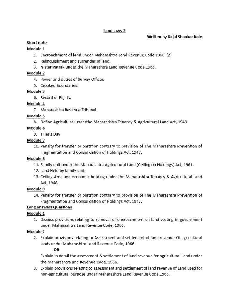 Land Laws - 2 Question Bank | PDF | Lease | Leasehold Estate