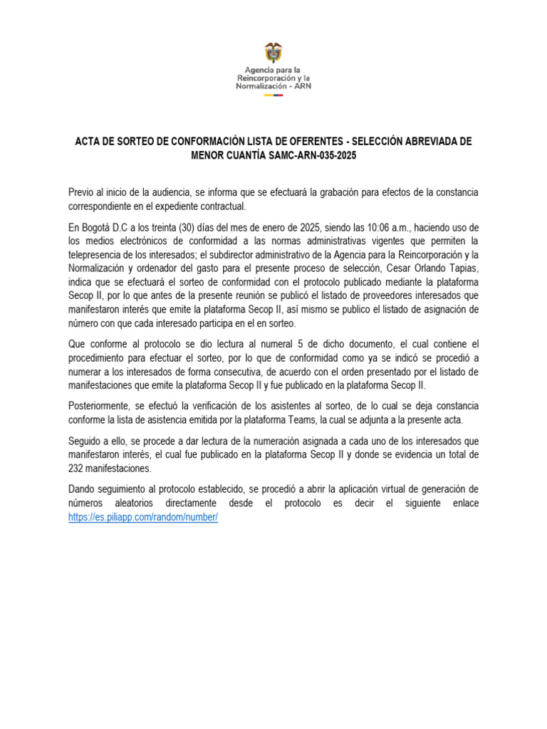 Acta de Sorteo - SAMC-ARN-035-2025 | PDF