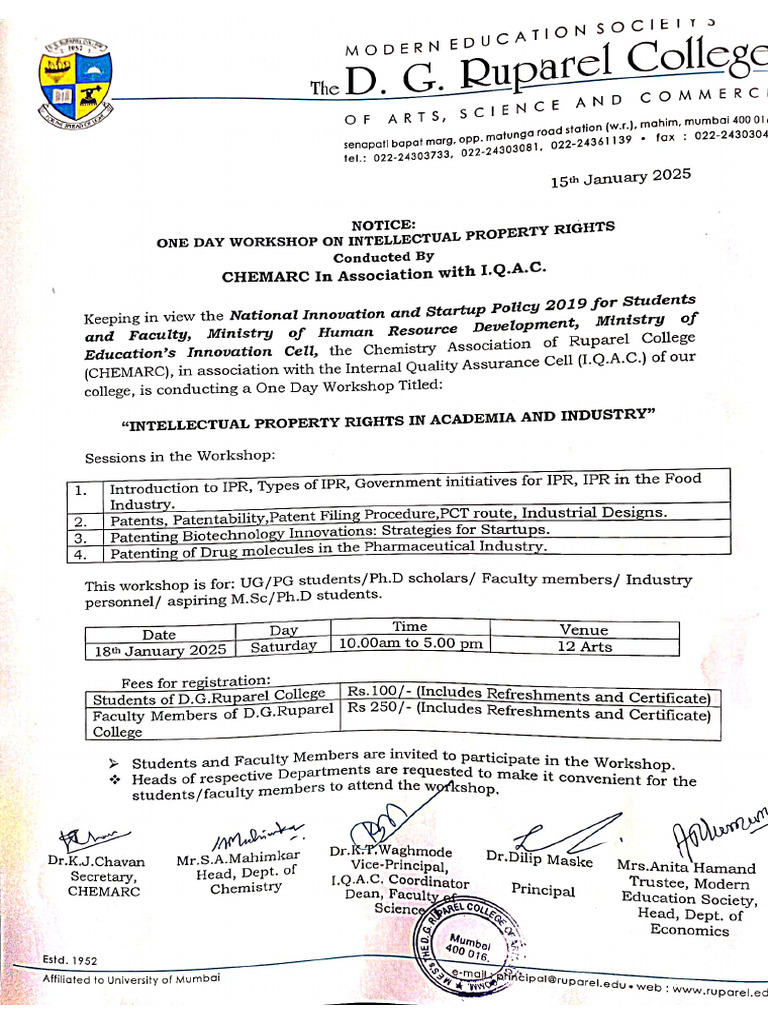 Registration and Fees- Students - Faculty Members of D.G.Ruparel College for IPR Workshop on ...
