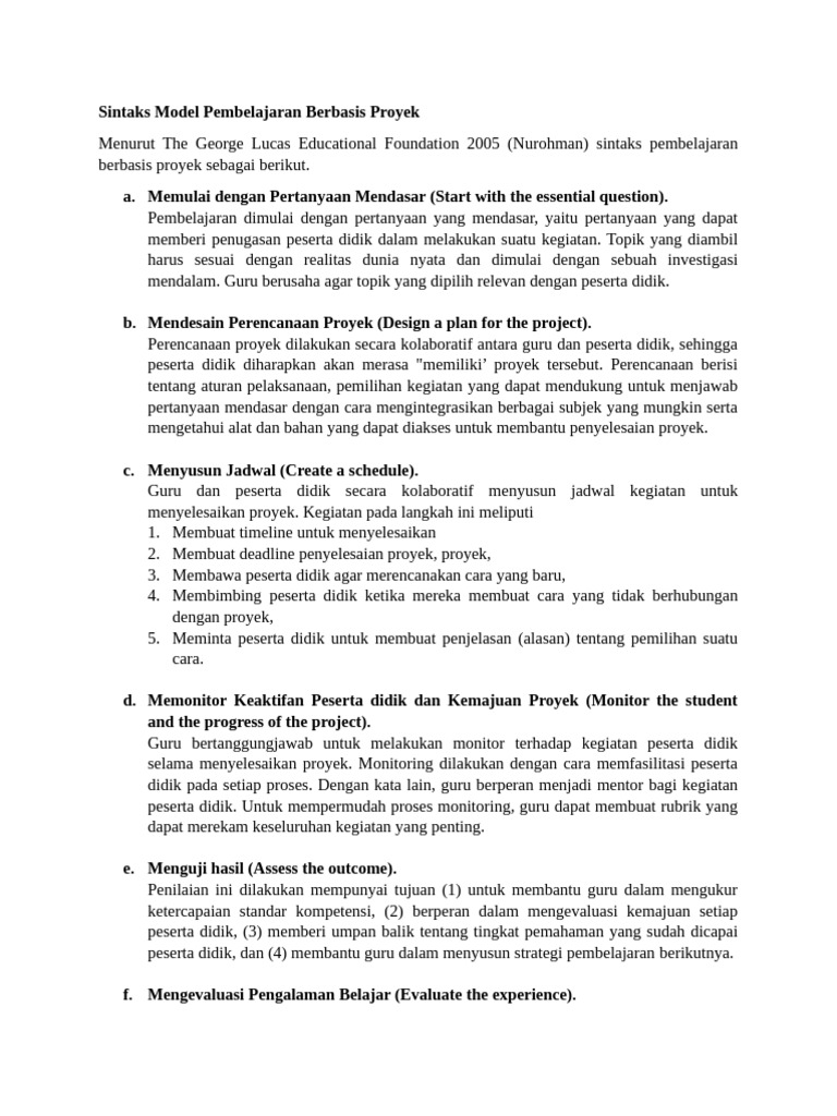 Sintaks Model Pembelajaran Berbasis Proyek | PDF
