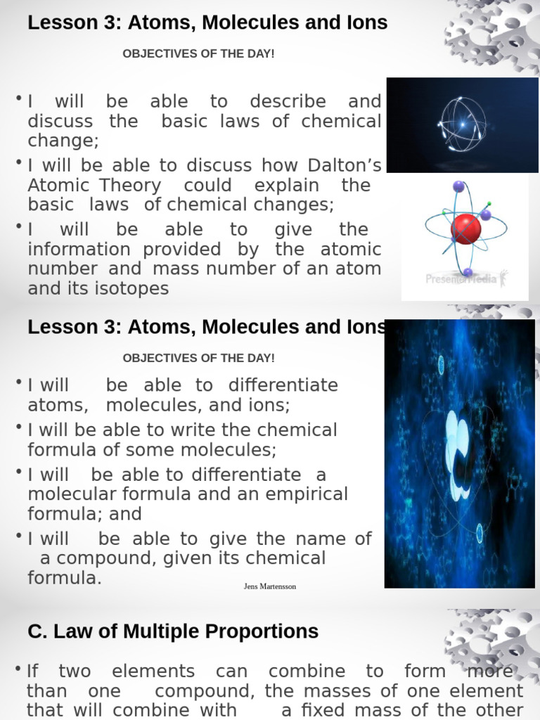 Lesson 3 Atoms Molecules Ions Continuation | PDF | Atoms | Chemical Elements
