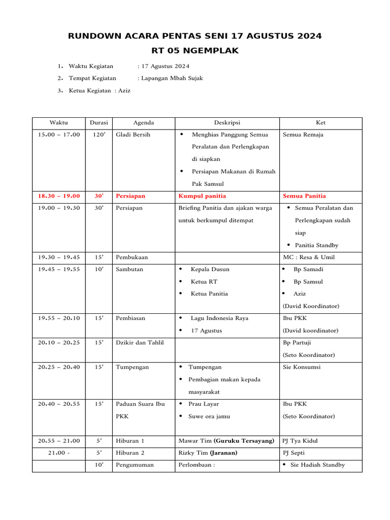 Rundown Acara Pentas Seni 17 Agustus 2024 | PDF