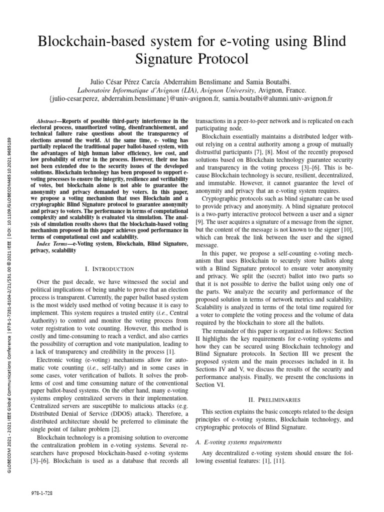 Blockchain-Based System For E-Voting Using Blind Signature Protocol | PDF | Electronic Voting ...