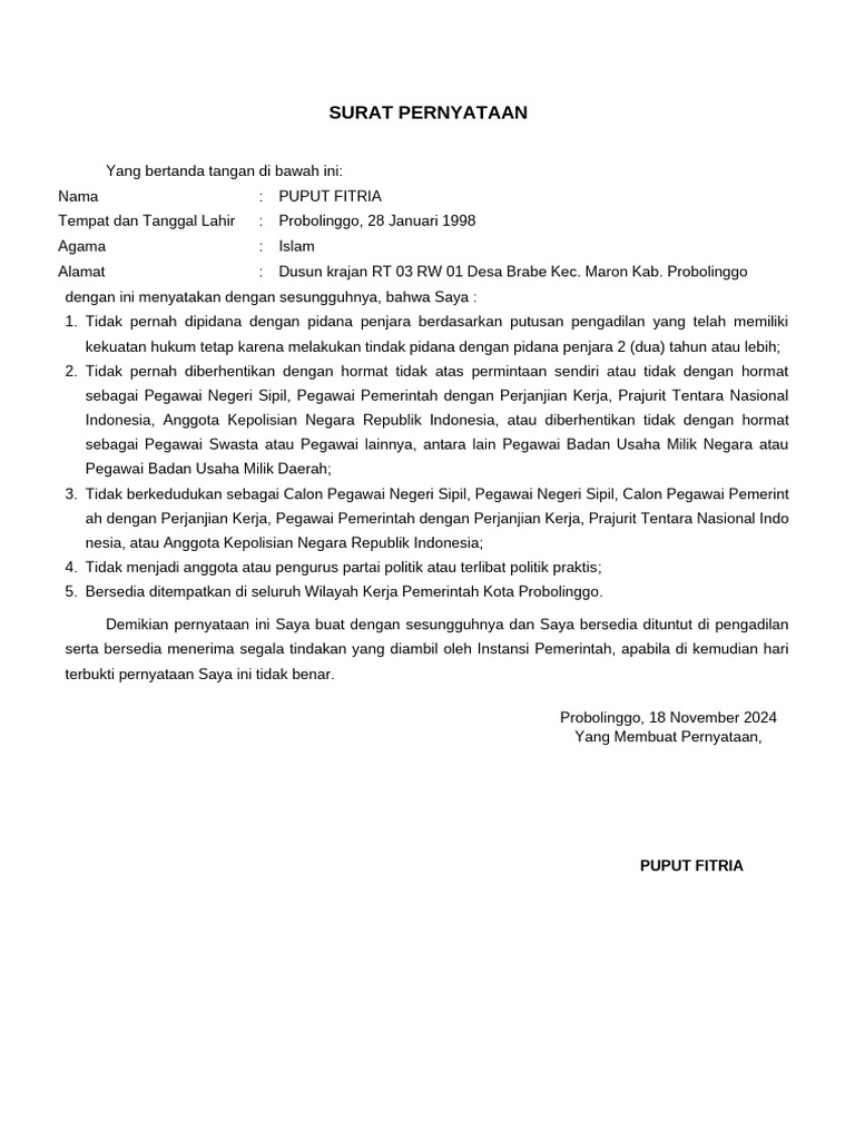 Surat Pernyataan Puput | PDF