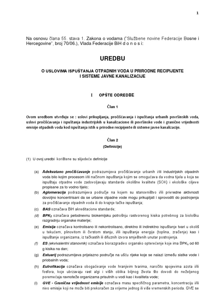 Uredba o Uslovima Ispustanja Otpadnih Voda U Prirodne Recipijente I Sisteme Javne Kanalizacije ...
