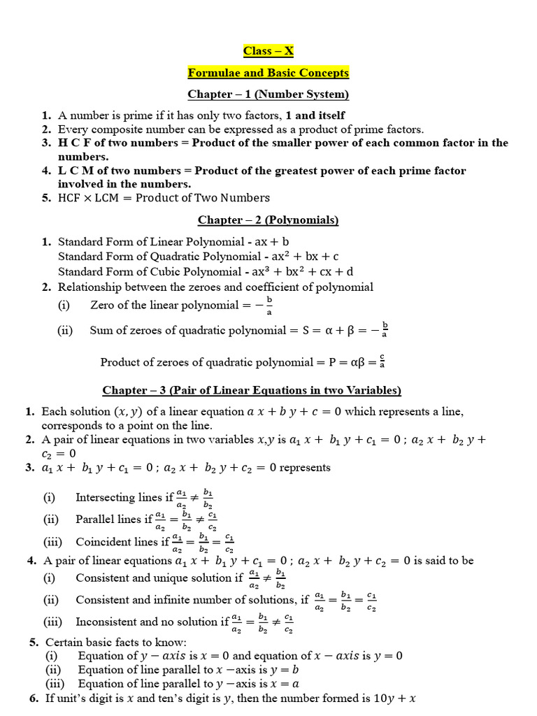 Basic Concepts and Formulae (X) Mathematics | PDF | Factorization | Polynomial