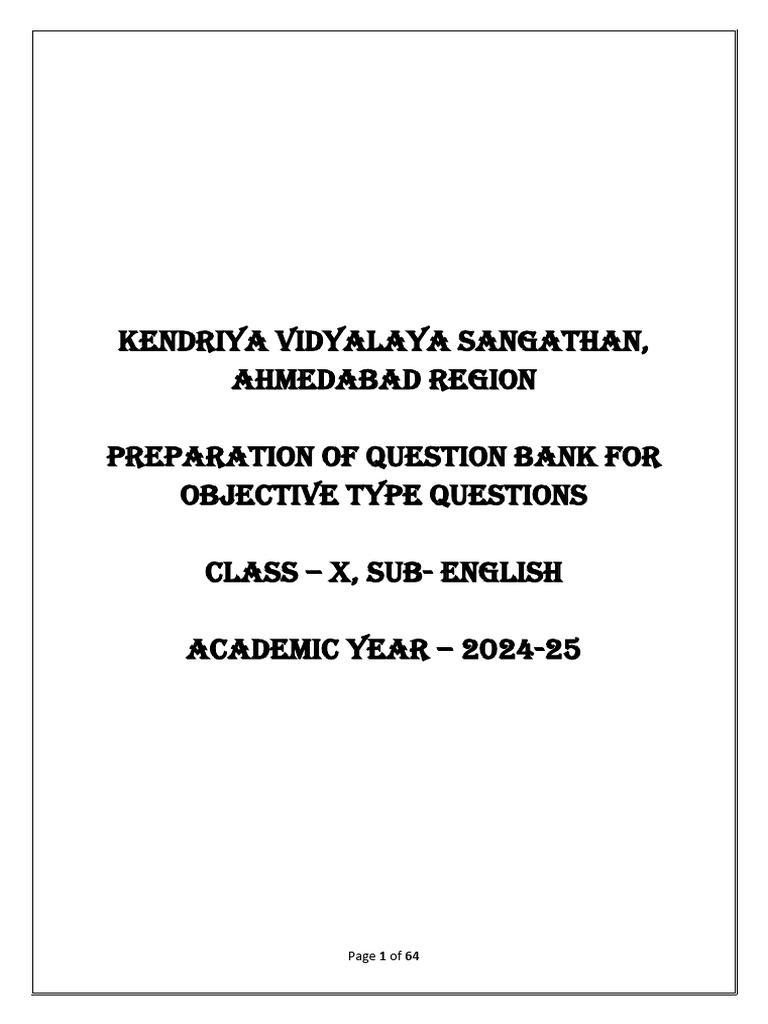 Class - Xth English Preparation of Question Bank for Objective Type ...