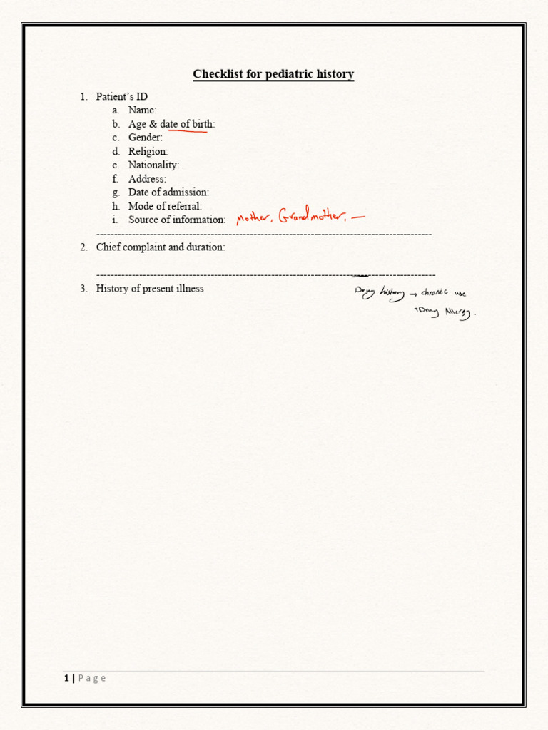 Pediatric History Checklist Guide | PDF | Fever | Fetus