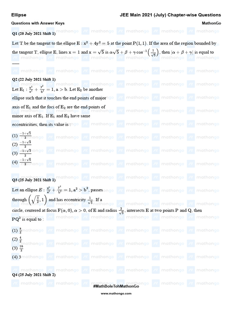Ellipse - JEE Main 2021 July Chapter-Wise - MathonGo | PDF | Ellipse | Differential Geometry