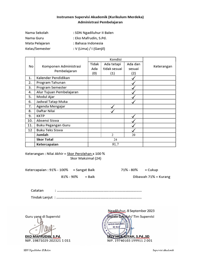 Instrumen Supervisi Akademik (Kurikulum Merdeka) Administrasi Pembelajaran | PDF