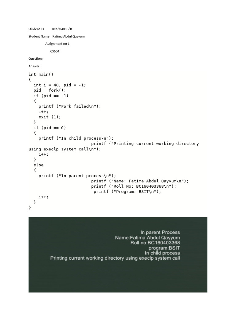Student ID BC160403368 Student Name Fatima Abdul Qayyum Assignment No 1 CS604 Question Answer | PDF