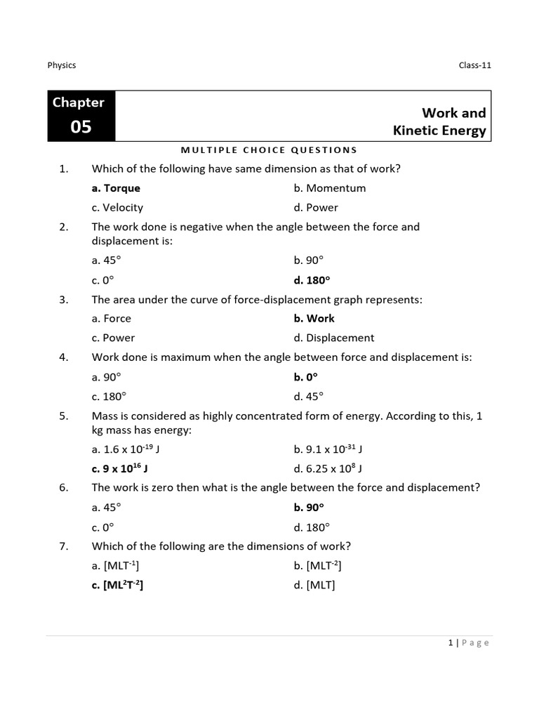 Ch-05: Work and Energy - MCQs - PDF | PDF | Force | Kinetic Energy