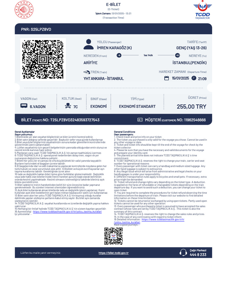 PNR: S25Lpz8Vd: Yolcu Tarife | PDF