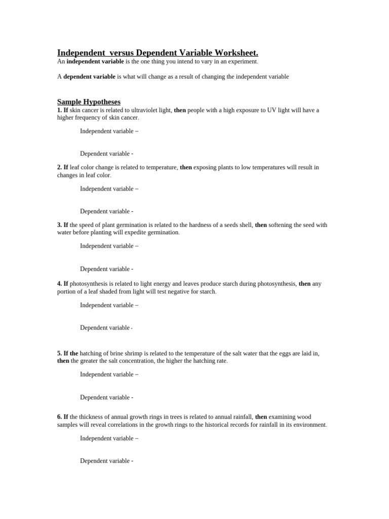 Ind and Dep Variables WKSHT | PDF