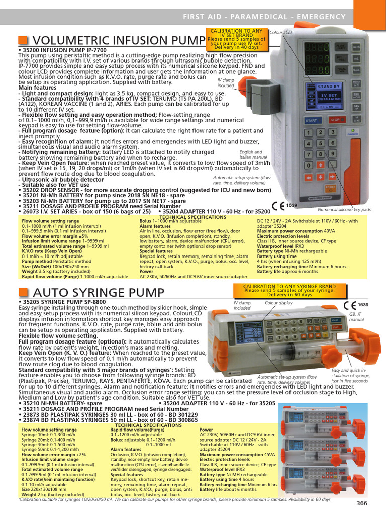 Emergency IV Pump Technical Specs | PDF | Intravenous Therapy | Syringe