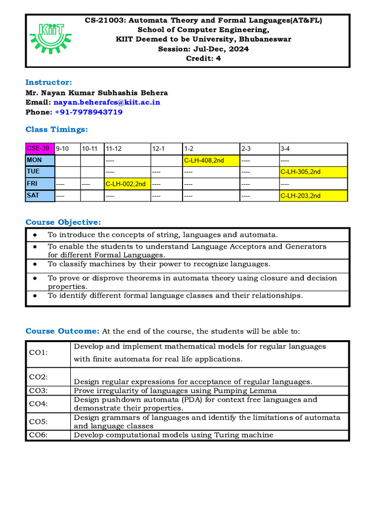 Course Plan - Day Wise - AFL | PDF | Automata Theory | Formal Methods
