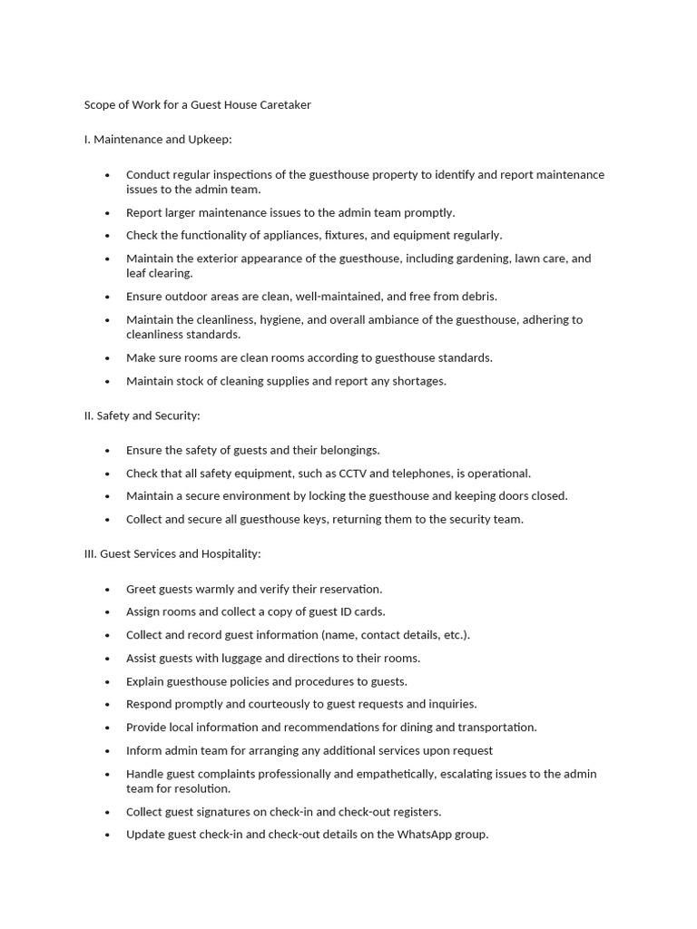 Guest House Caretaker Job Responsibilities | PDF