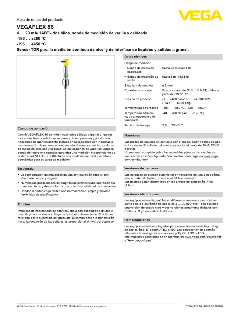 ES VEGAFLEX 86 4 20 Ma HART Dos Hilos Sonda de Medición de Varilla y ...