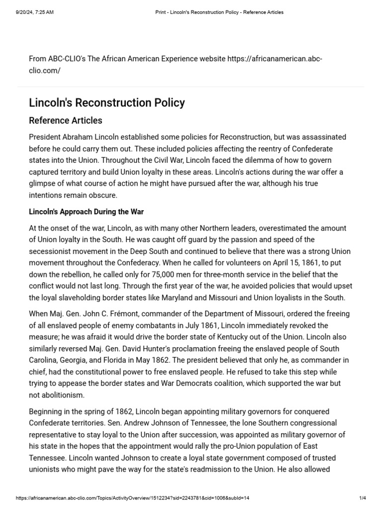 Lincoln Reconstruction | PDF | Abraham Lincoln | Reconstruction Era