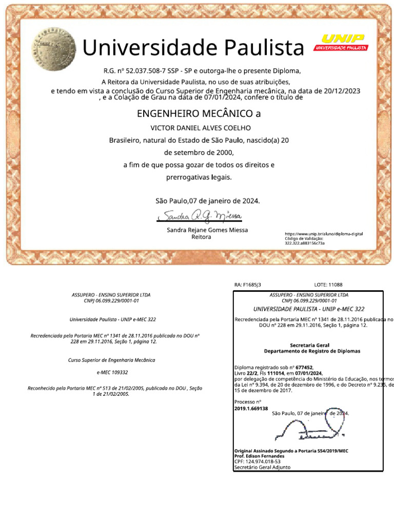 Diploma Vitor Daniel Unip Eng Mec | PDF