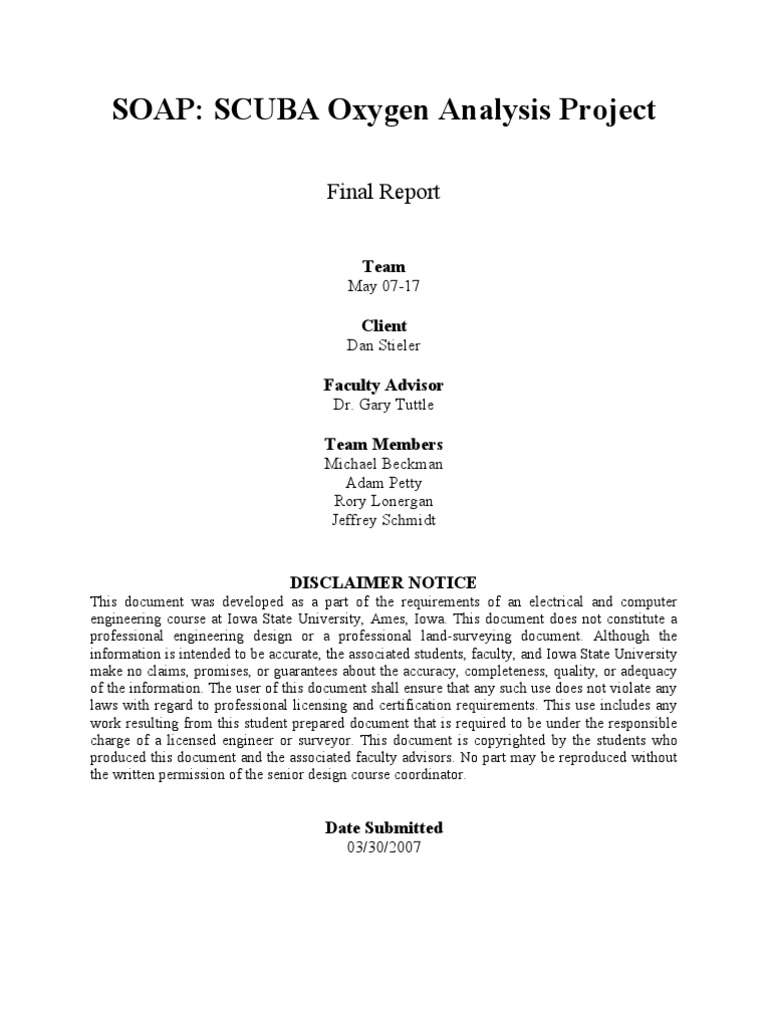 SOAP: SCUBA Oxygen Analysis Project: Final Report | PDF | Scuba Diving ...
