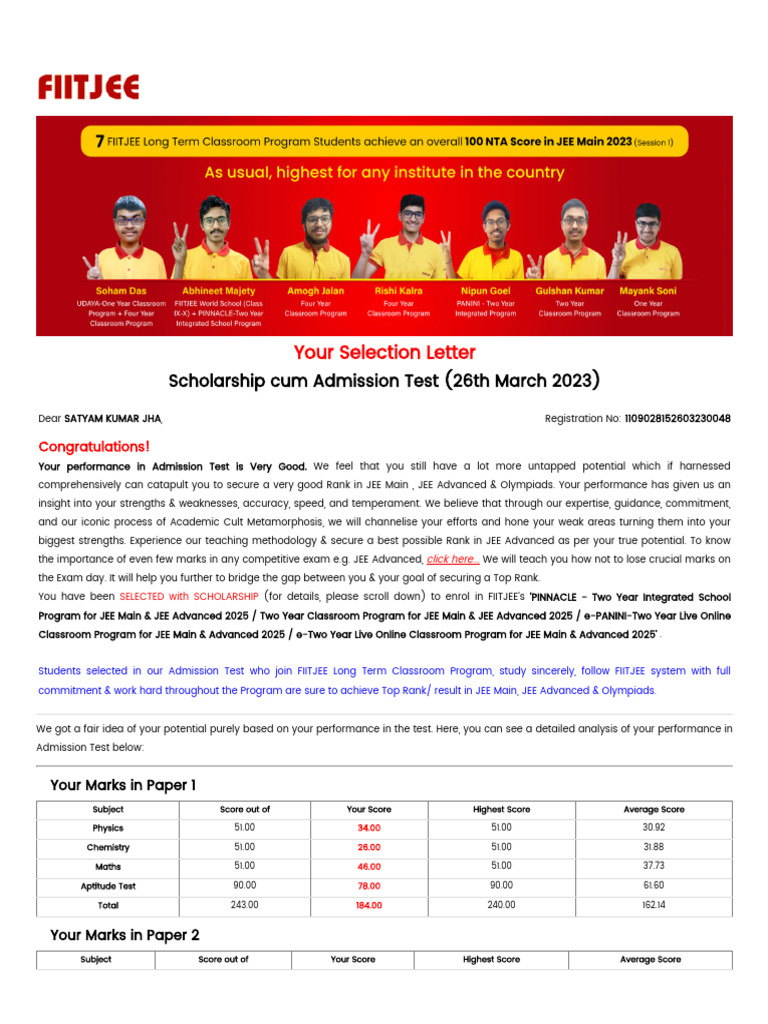 FIITJEE Admission Test - 26th March 2023 Result | PDF | Qualifications