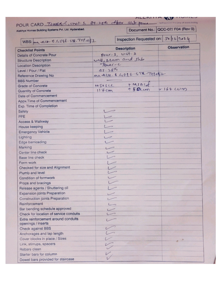 Tower-C Unit-3 27-28TH Floor Slab Pour Card | PDF