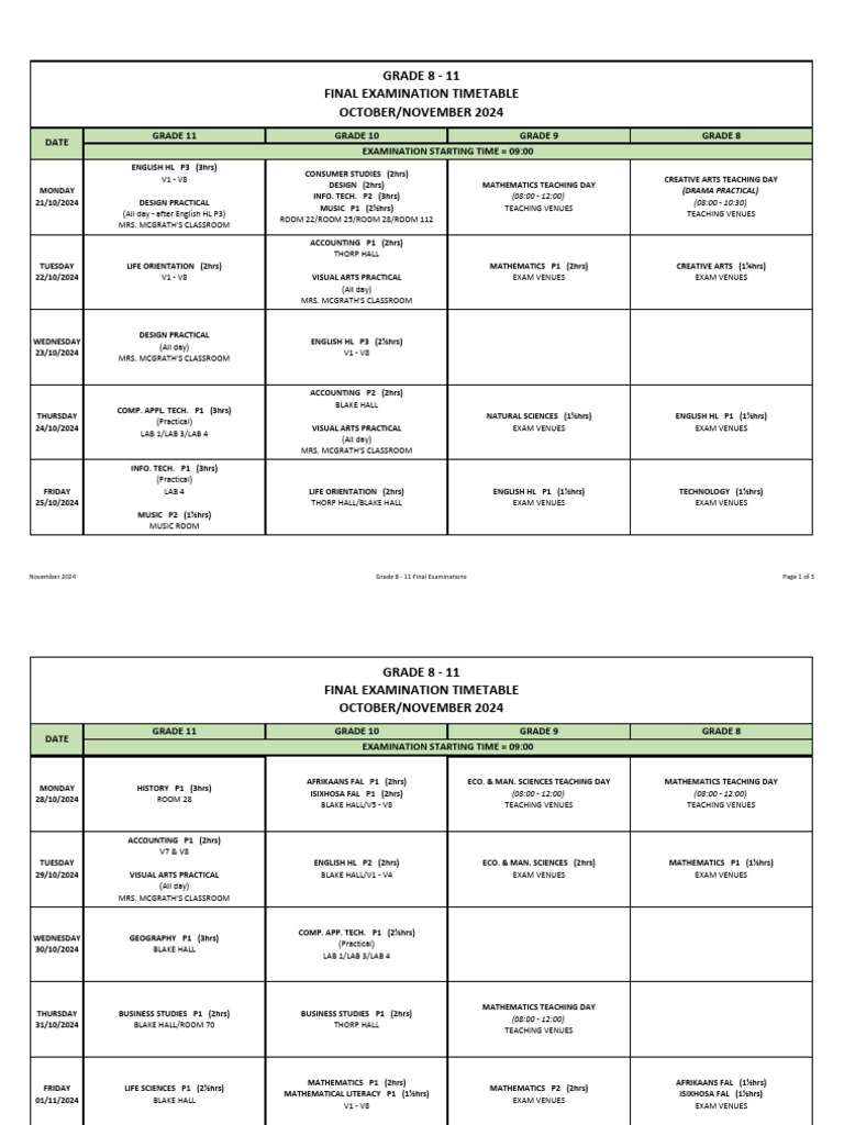 Gr8 11 Timetable 2024 | PDF