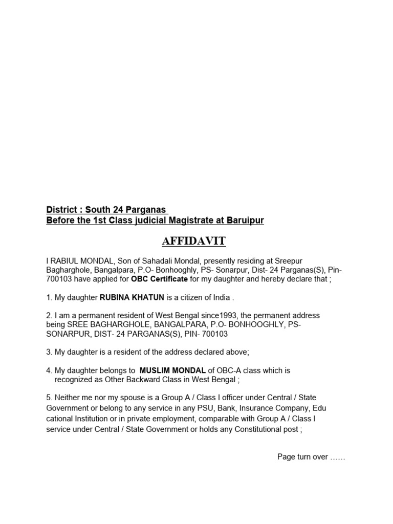 OBC DECLERATION 1st Class Affidavit Fortat | PDF | Justice | Crime ...