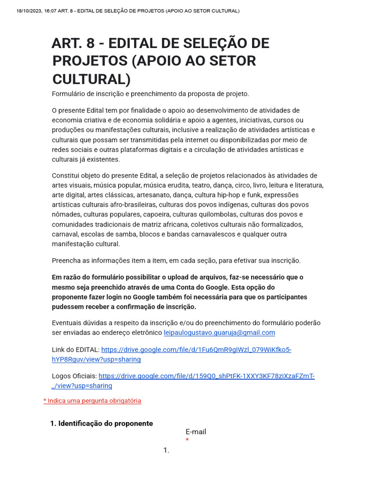 ART. 8 - EDITAL DE SELEÇÃO DE PROJETOS (APOIO AO SETOR CULTURAL ...