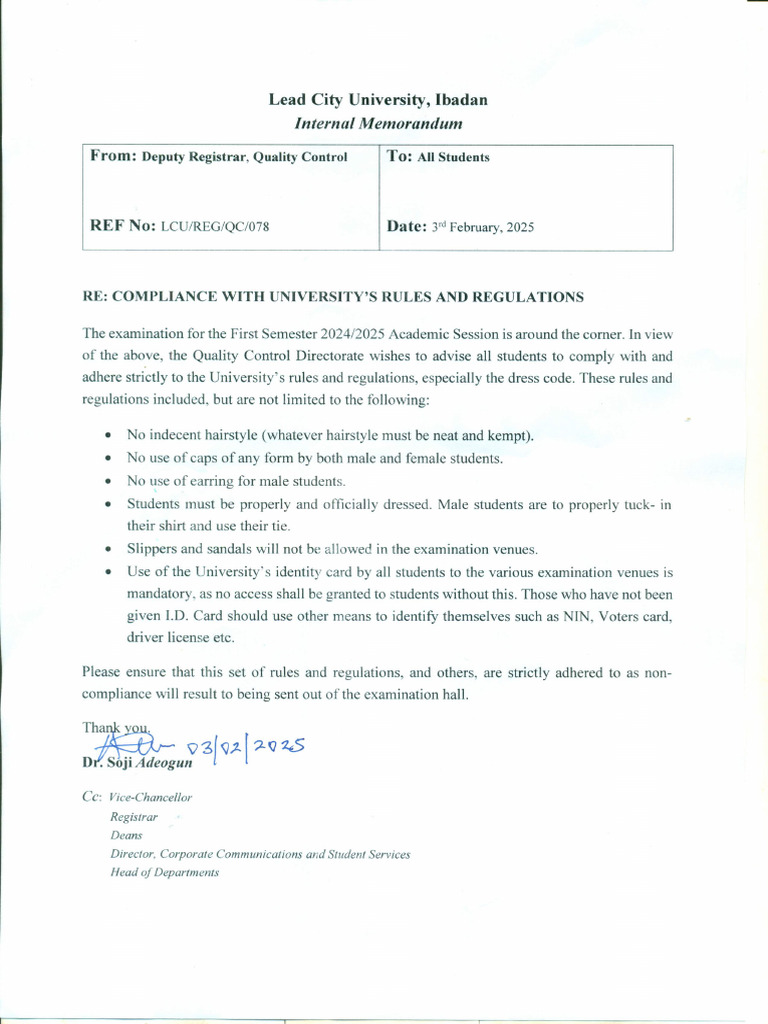 Memo - Examination Rules & Regulations | PDF